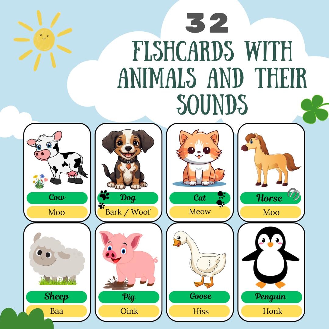 Flashcards With Animals and Their Sounds Educational Printable Cards ...