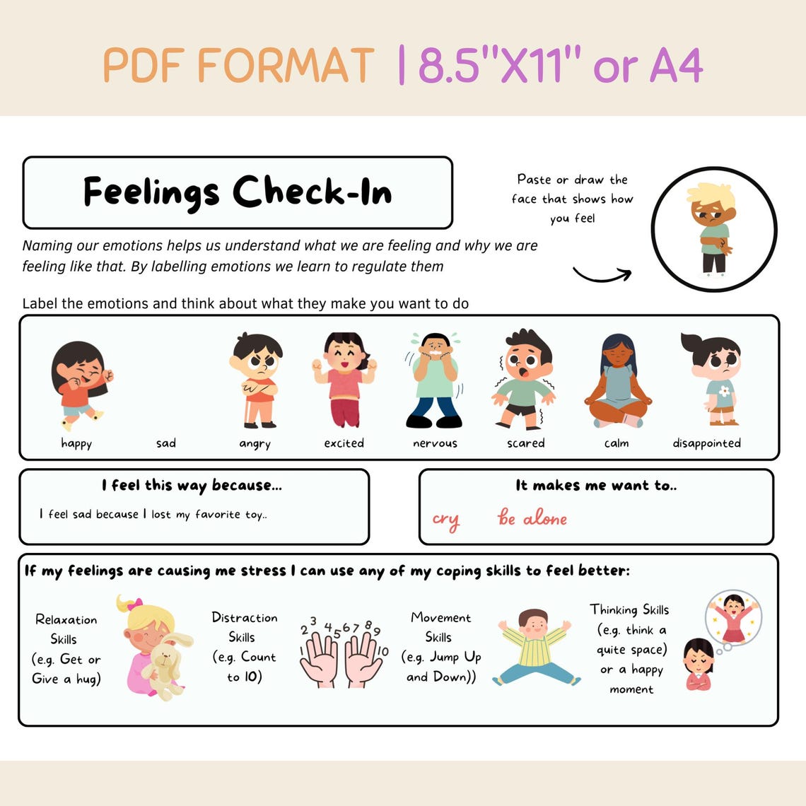 Feelings Check-in Worksheet for Kids | Emotions Chart | SEL Printable ...