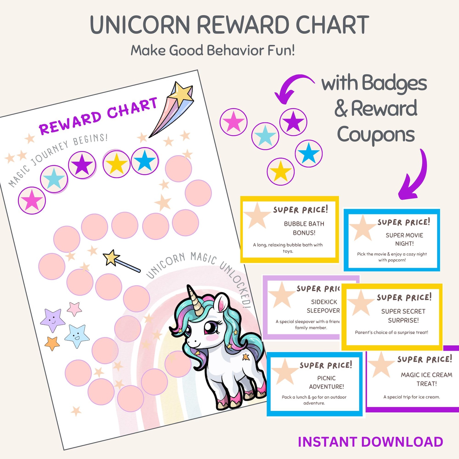 Unicorn Reward Chart | Printable Behavior Chart | Kids Sticker Chart ...
