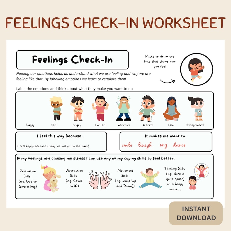Feelings Check-in Worksheet for Kids: Emotional Regulation (PDF) - Etsy