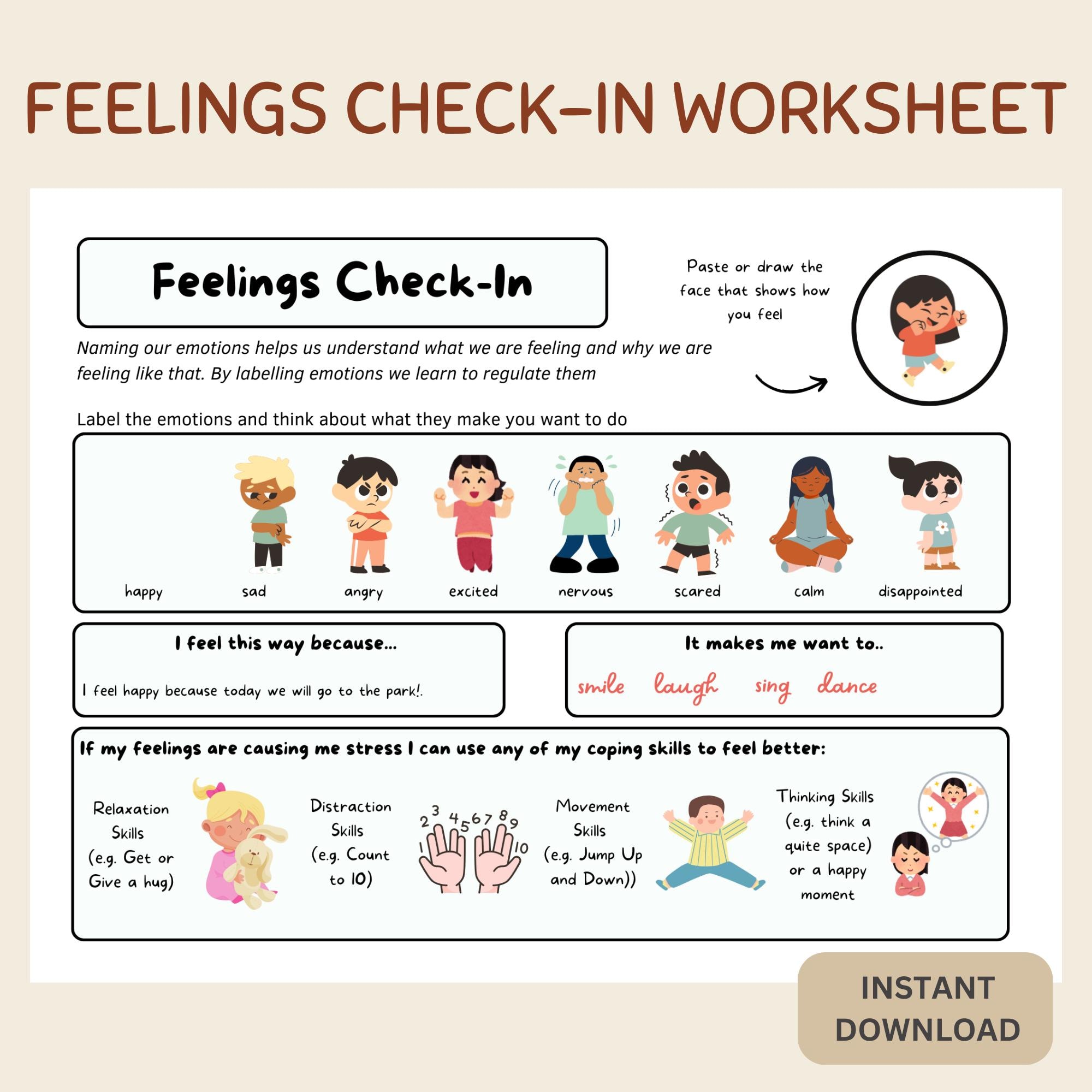 Feelings Check-in Worksheet for Kids | Emotions Chart | SEL Printable ...