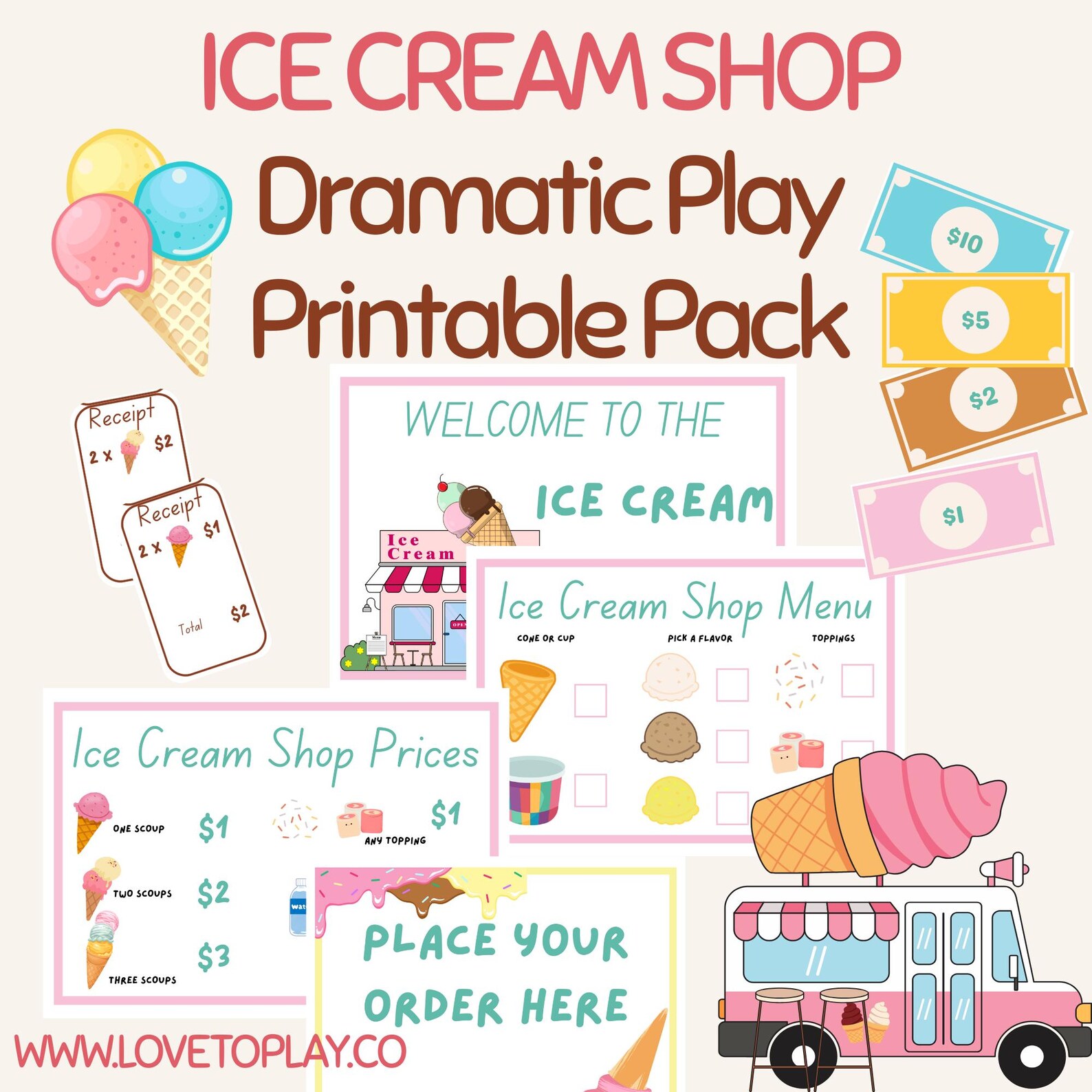 Ice Cream Shop Dramatic Play Printables | Pretend Play Ice Cream Stand ...