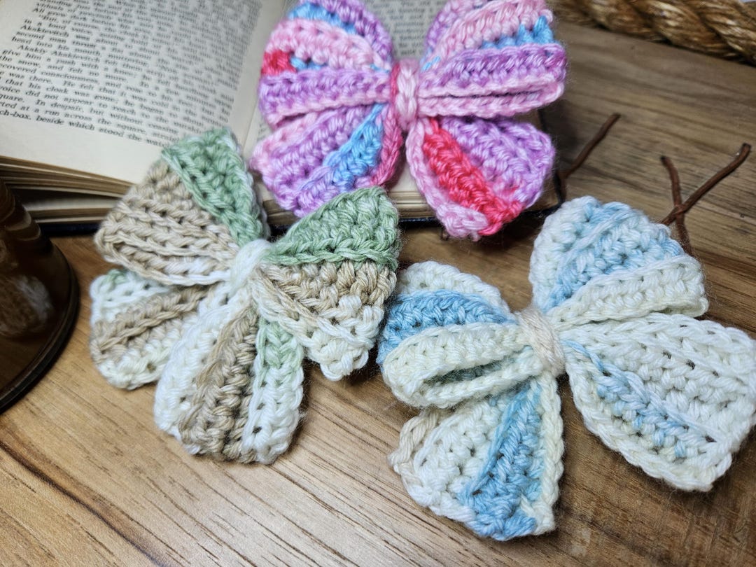 Cute Multi Color Hair Bows, Clips - Hand Crochet - Handmade Yarn Bows ...
