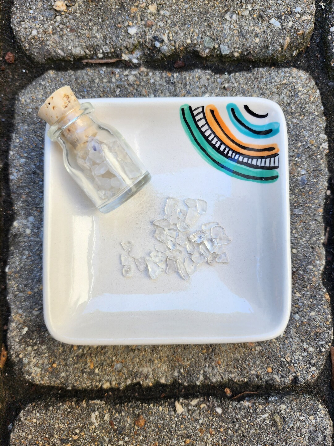 Small Hand Painted Square Ceramic Dish With Clear Quartz Crystal Jar ...