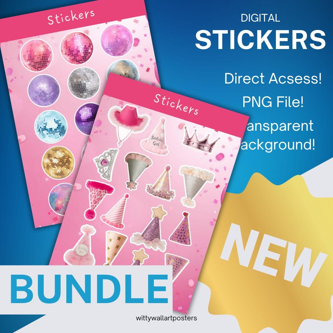 Digital Sticker Bundle | Disco Ball Stickers + Party Hat Stickers | PNG ...