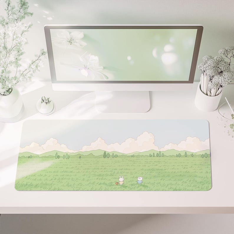 Cute Green Landscape Desk Mat Kawaii Bunny Mouse Pad Pastel Decor Anime ...