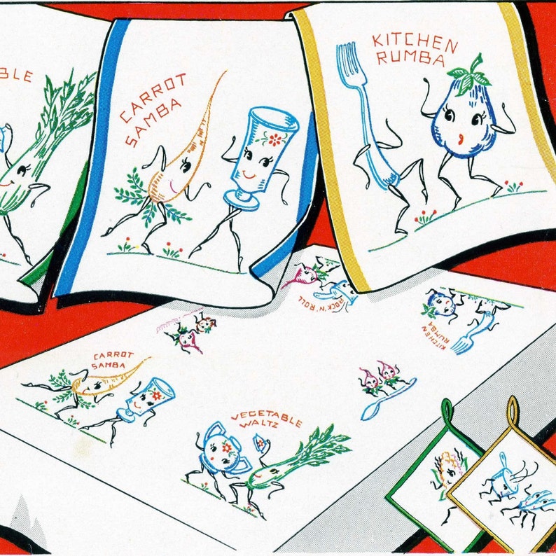 Hand Embroidery 260 Animated Dancing Vegetables for Dish Towels ...