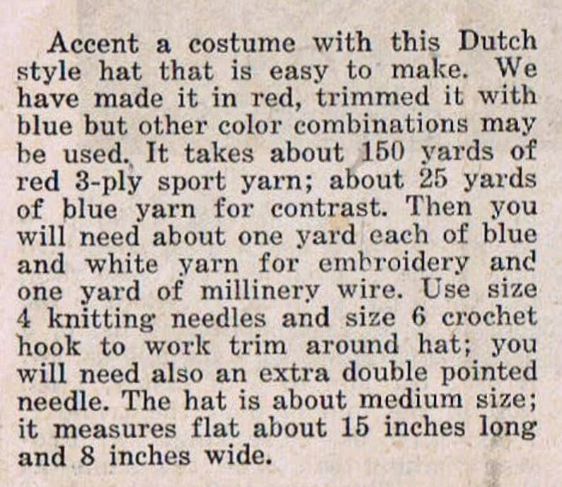 1940's Dutch Hat PATTERN Taken From 1948 Workbasket Knit With Crochet ...