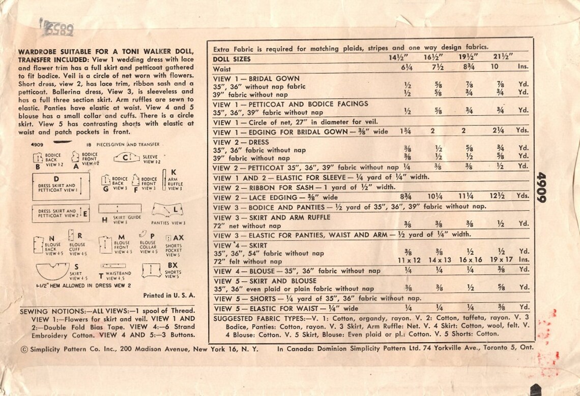 Toni Walker Doll Clothing PATTERN in Digital PDF Format 4909 | Etsy