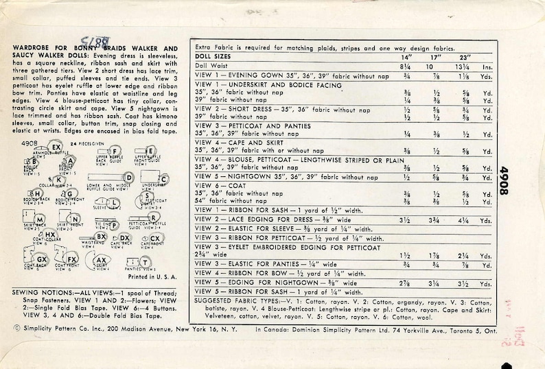 Vintage Doll Clothes Pattern 4908 - 23" for Bonny Braids Walker & Saucy ...