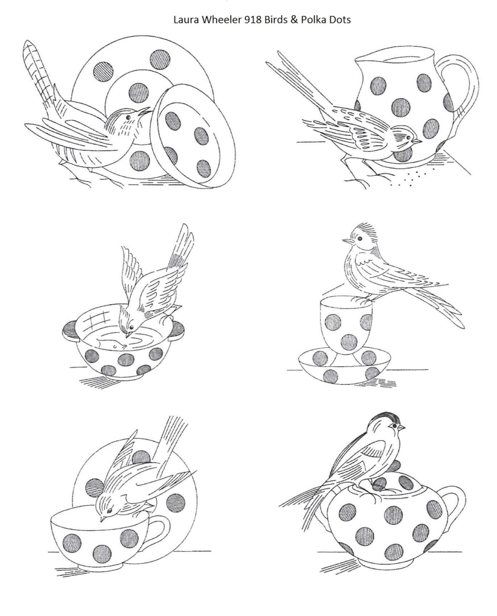 Polka Dot Dishes With Birds 5 1/2" X 5 1/2" Digital Hand Embroidery ...