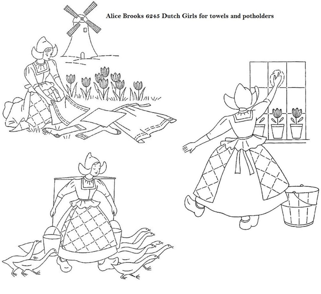Digital Hand Embroidery Transfer 6245 Three Dutch Maids for Kitchen ...