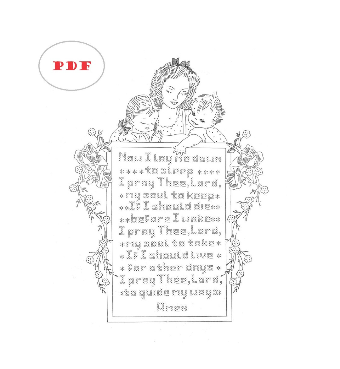 Vintage Hand Embroidery Pattern 7466 Now I Lay Me Down to Sleep Prayer ...