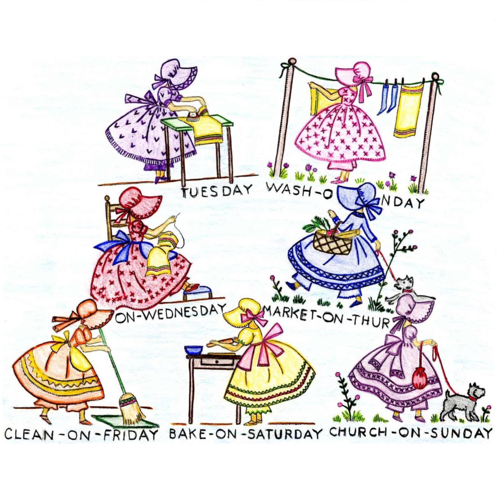 Digital Hand Embroidery PATTERN 120 Sunbonnet Girls for Days of the ...