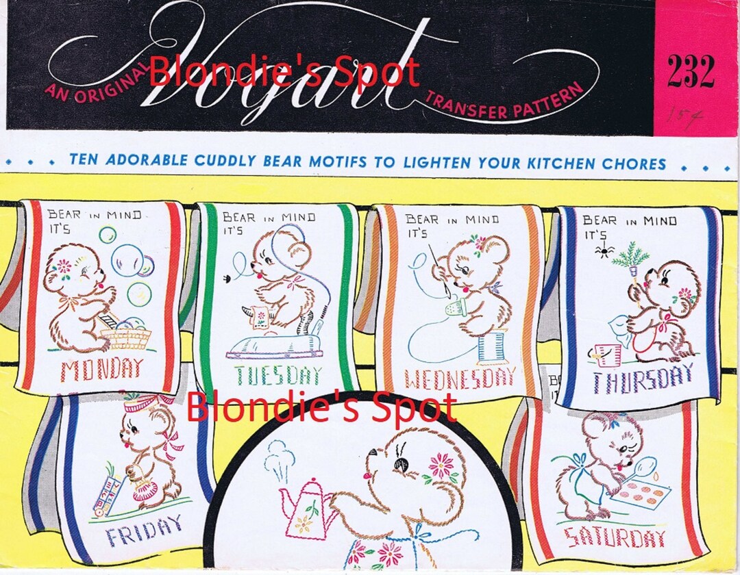 Downloadable Embroidery Design 232 Bears for Days of the Week Dish ...
