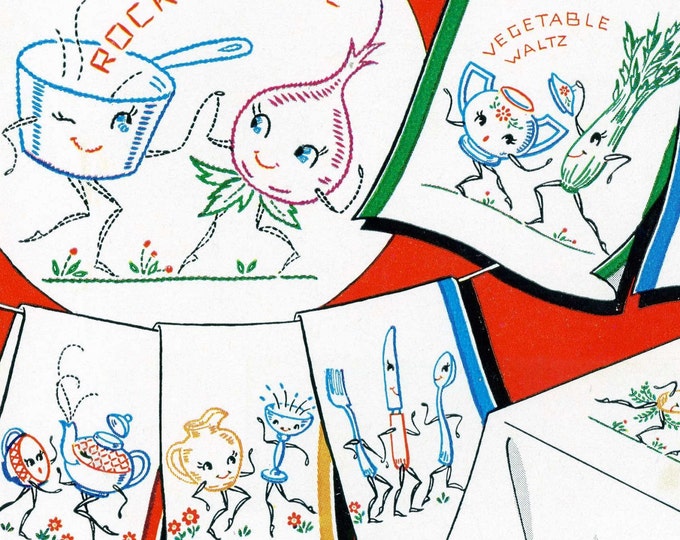 Hand Embroidery 260 Animated Dancing Vegetables for Dish Towels ...