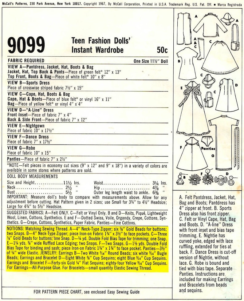 Vintage / Retro Doll Clothing PATTERN 9099 Barbie Midge Teen Model High ...