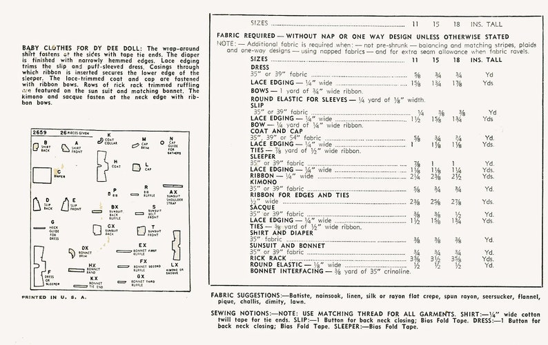 Vintage Retro Doll Clothing Pattern - PDF Download - 2659 for 18" Baby ...
