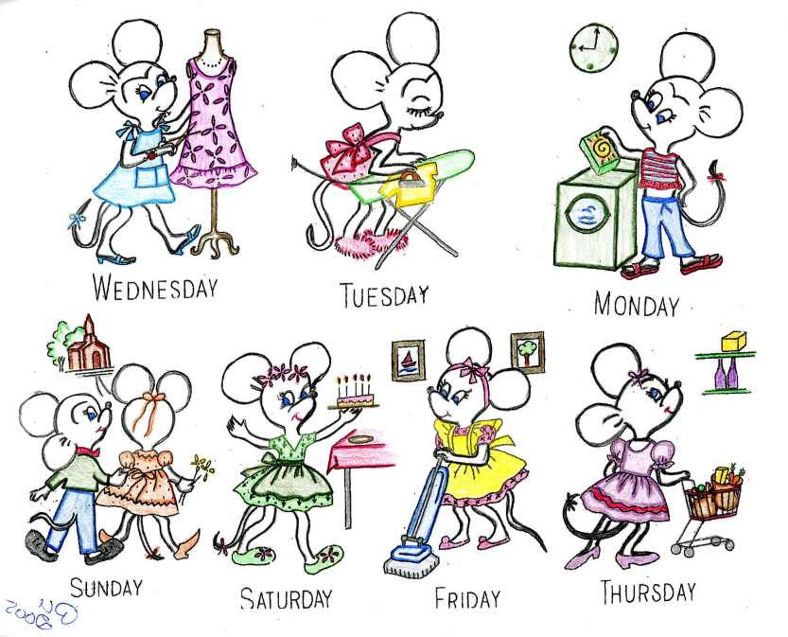 Days of the Week Hand Embroidery Mice Girl & Boy 6804 PDF | Etsy