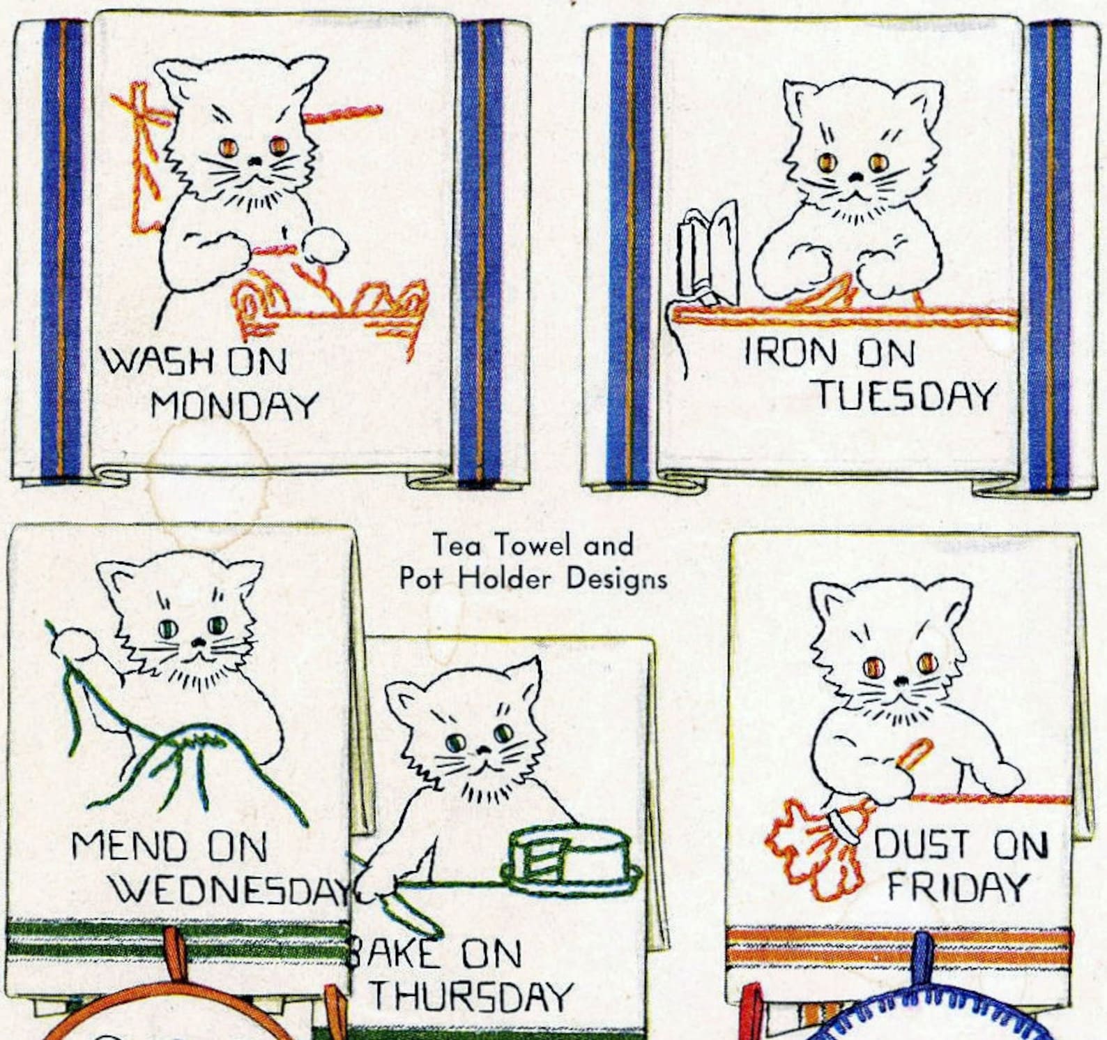 Kittens for Days of the Week Towels Hand Embroidery PATTERN | Etsy