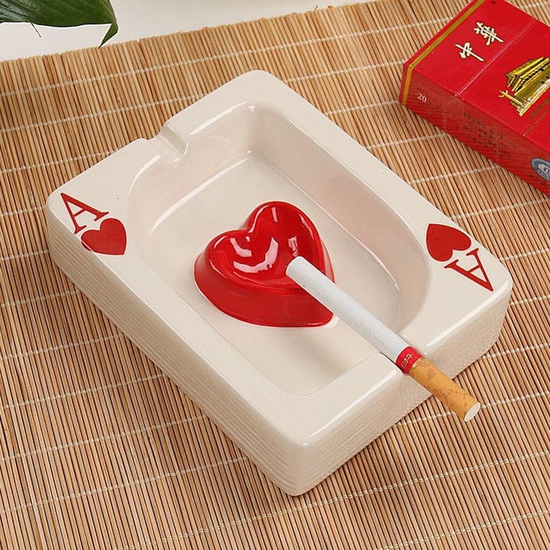 European Ceramic Playing Card Ashtray - Red Heart-shaped Ash Holder ...