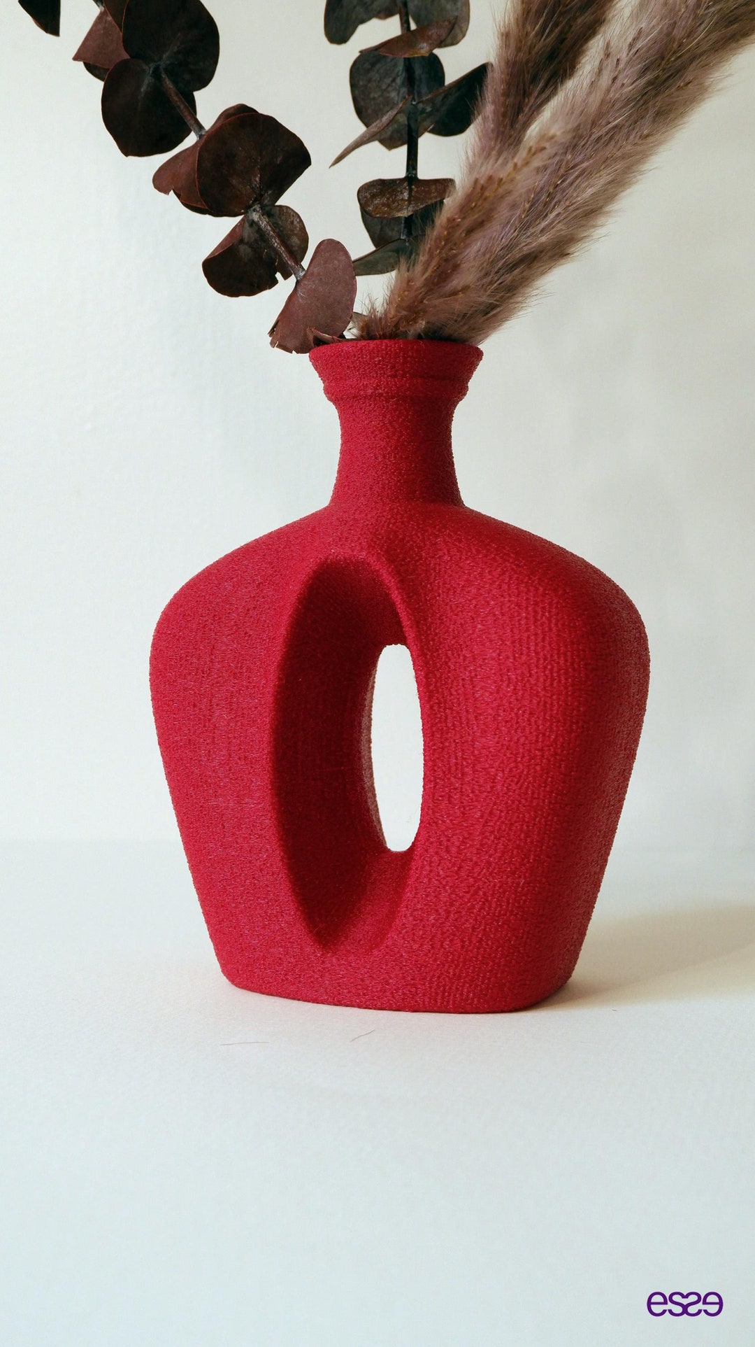 Fuzzy Red Sculptural Vase, 3D Printed Decorative Vase, Dried Flower ...