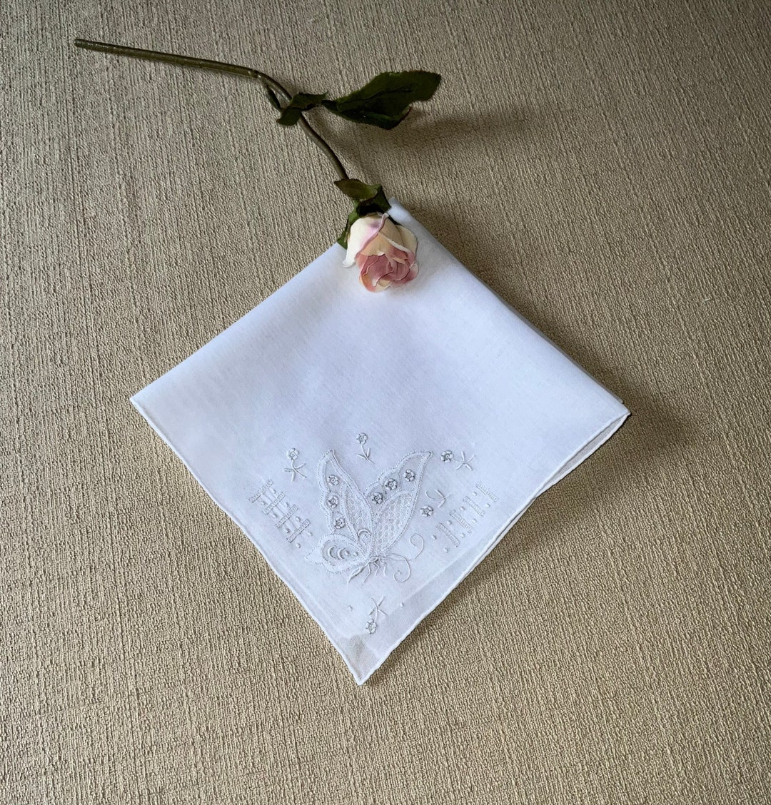 Antique White Hanky With an Embroidered Butterfly Handkerchief Hankie ...