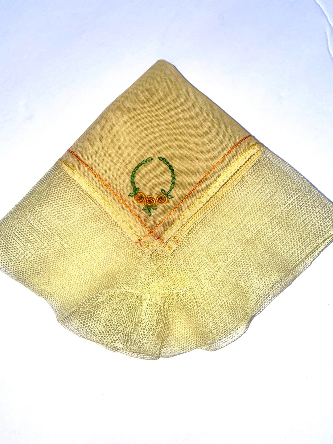 Vintage Yellow Hanky With Embroidered Flowers Net Edge - Etsy