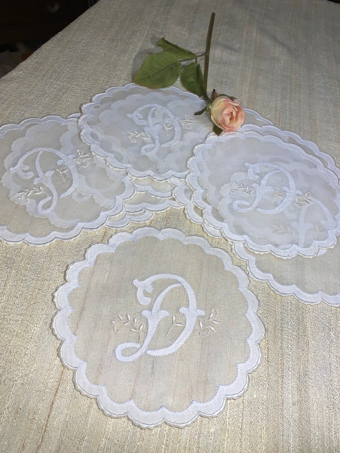 11 Goblet Rounds With Initial D and Hand Embroidery Linen and Organdy ...