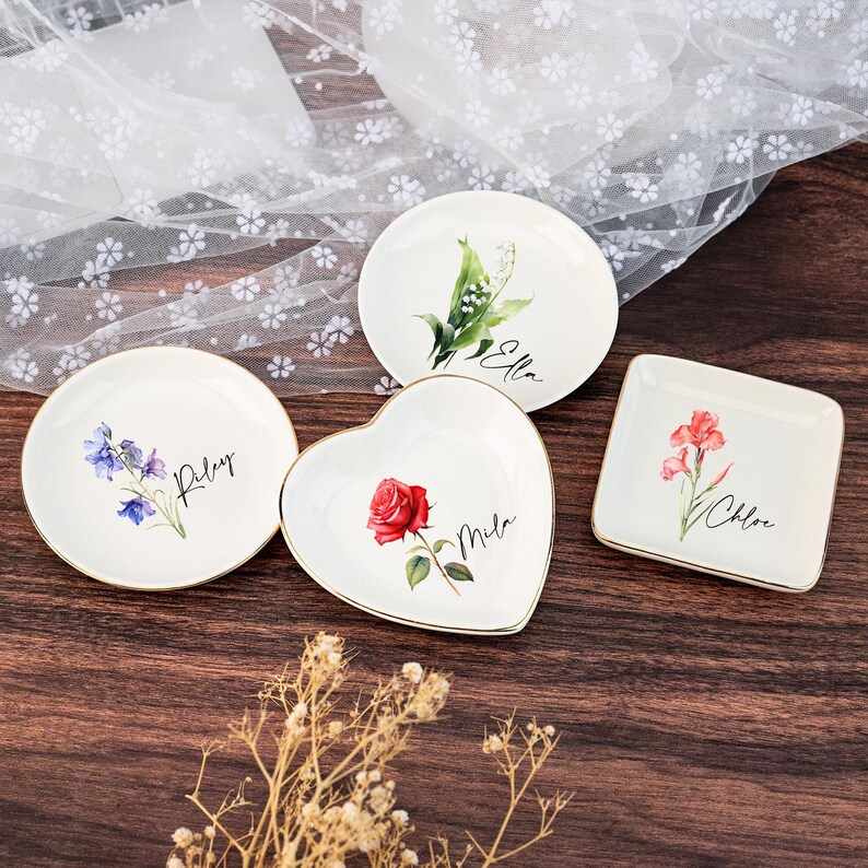 Personalised Birth Flower Trinket Dish,bridesmaid Jewelry Dish,custom ...
