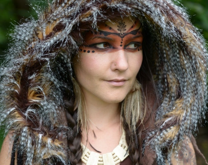 Felt Melted Wild Pixie Woodland Guinea Fowl Feather Tribal Scoodie Fur Trimmed Hooded Hat OOAK ...