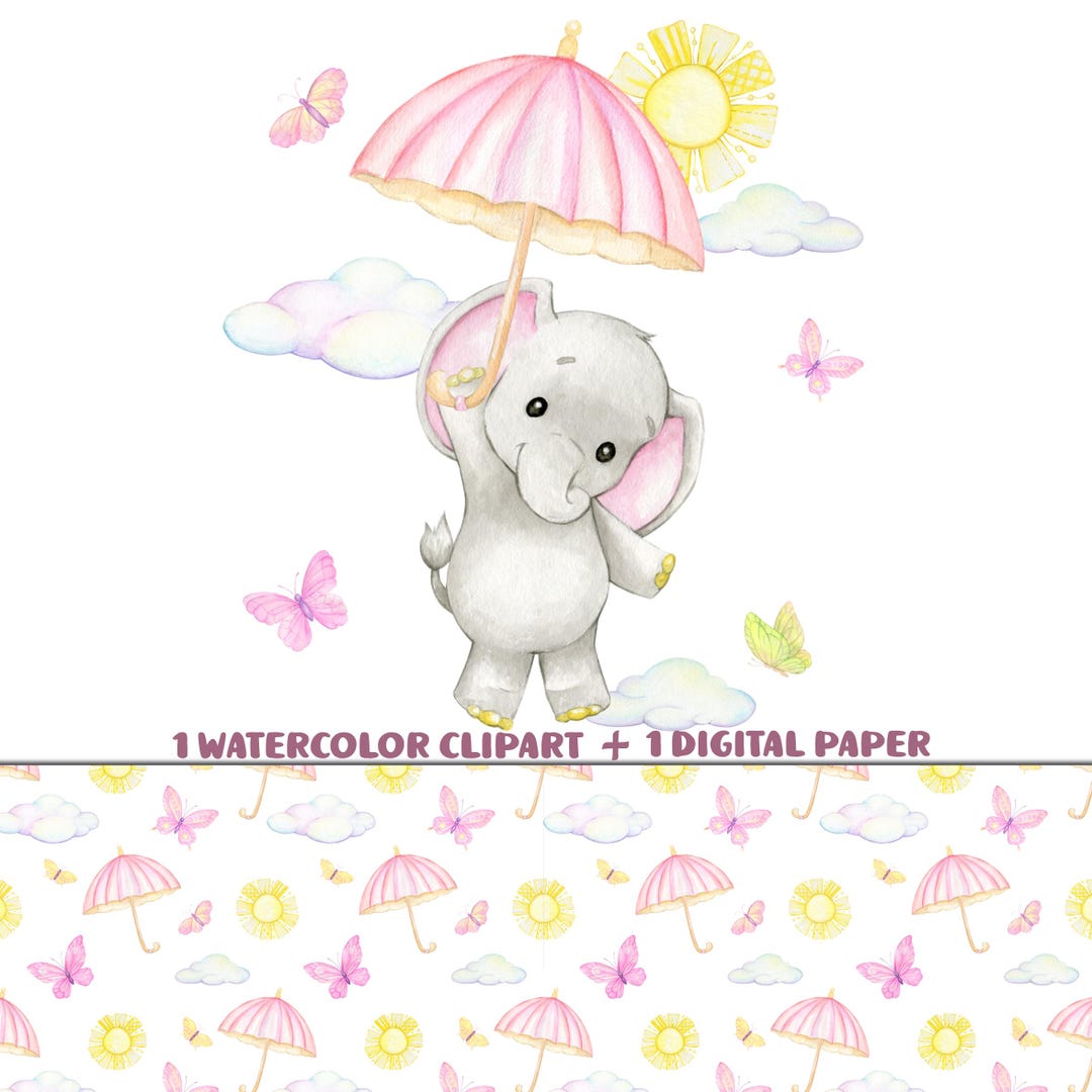 Pink Elephant Digital Paper, Elephant Clipart Watercolor Baby Elephants ...