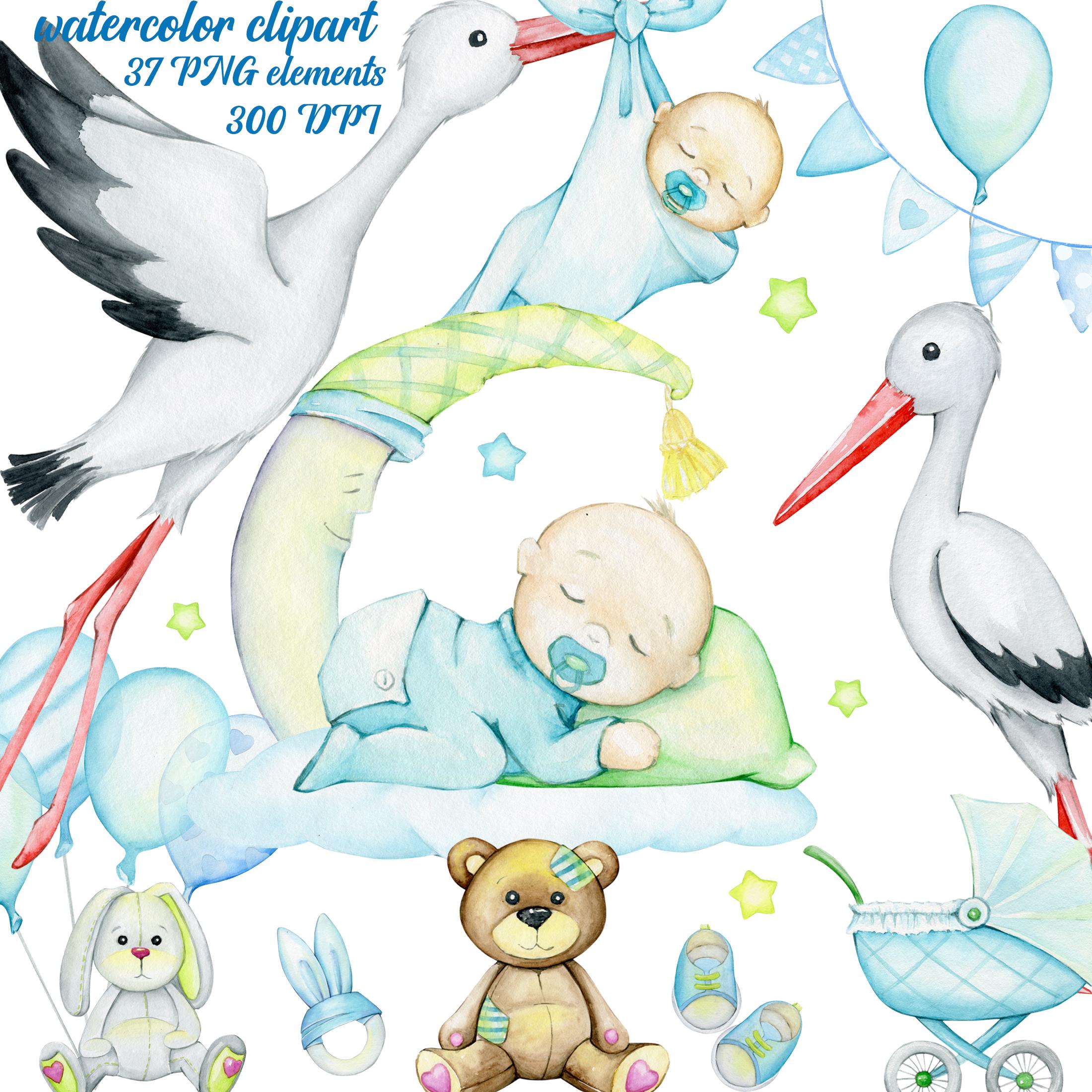 Watercolor Nursery Clipart. Stork Baby Shower Clipart. Stork Carrying ...