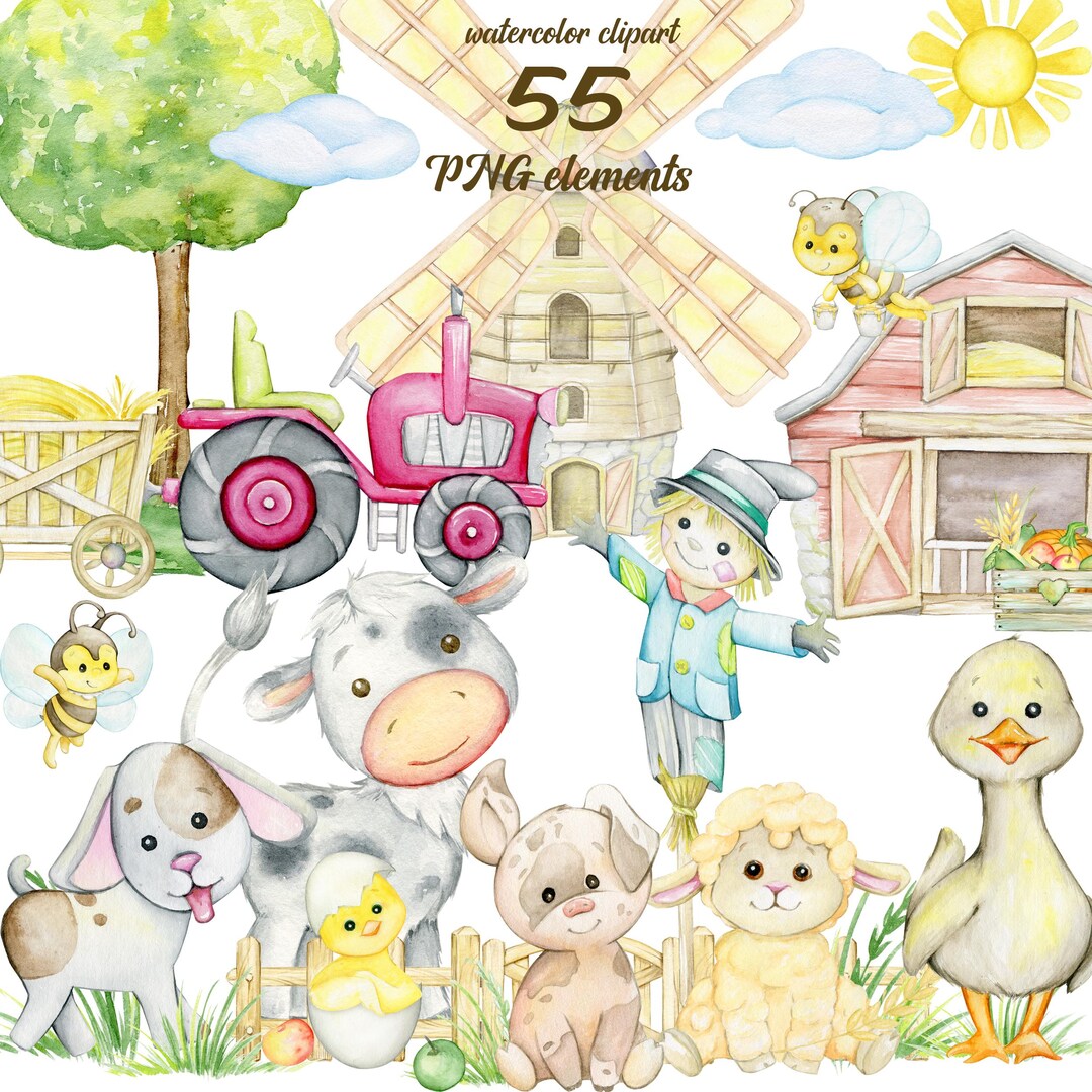 Farm Animals Watercolor Clipart, Cute Farm Clip Art, Nursery Decor ...