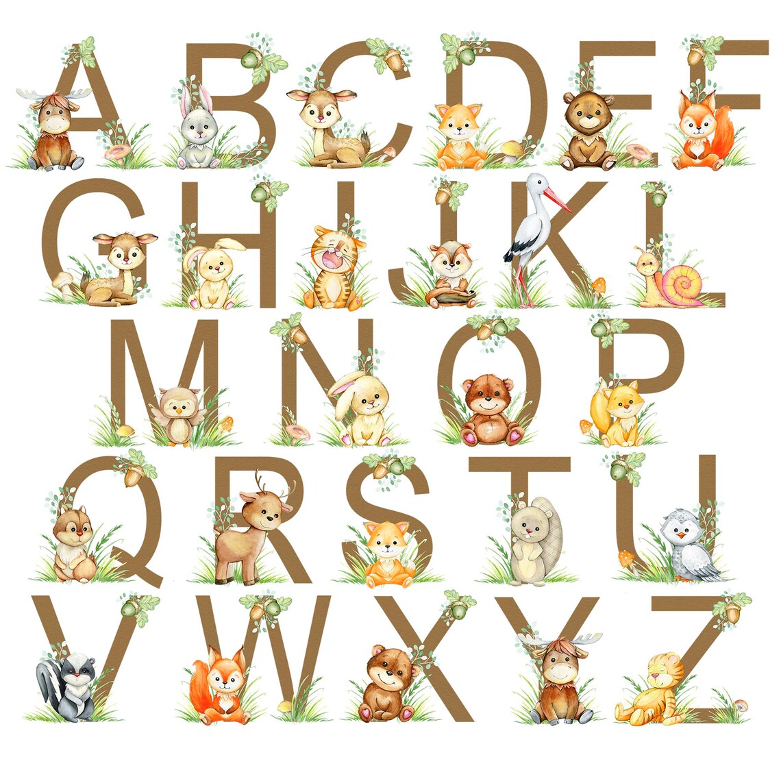 Woodland Pink Alphabet Watercolor Clipart, Animal Letter Clipart, Cute ...