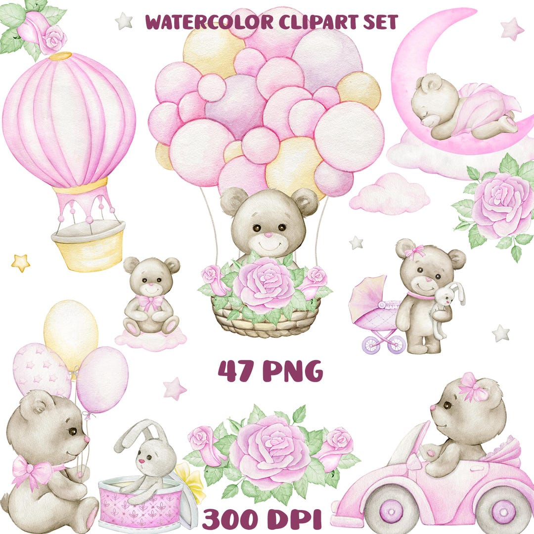 Watercolor Teddy Bear Clip Art. Baby Girls Cute. Pink Roses Flowers ...