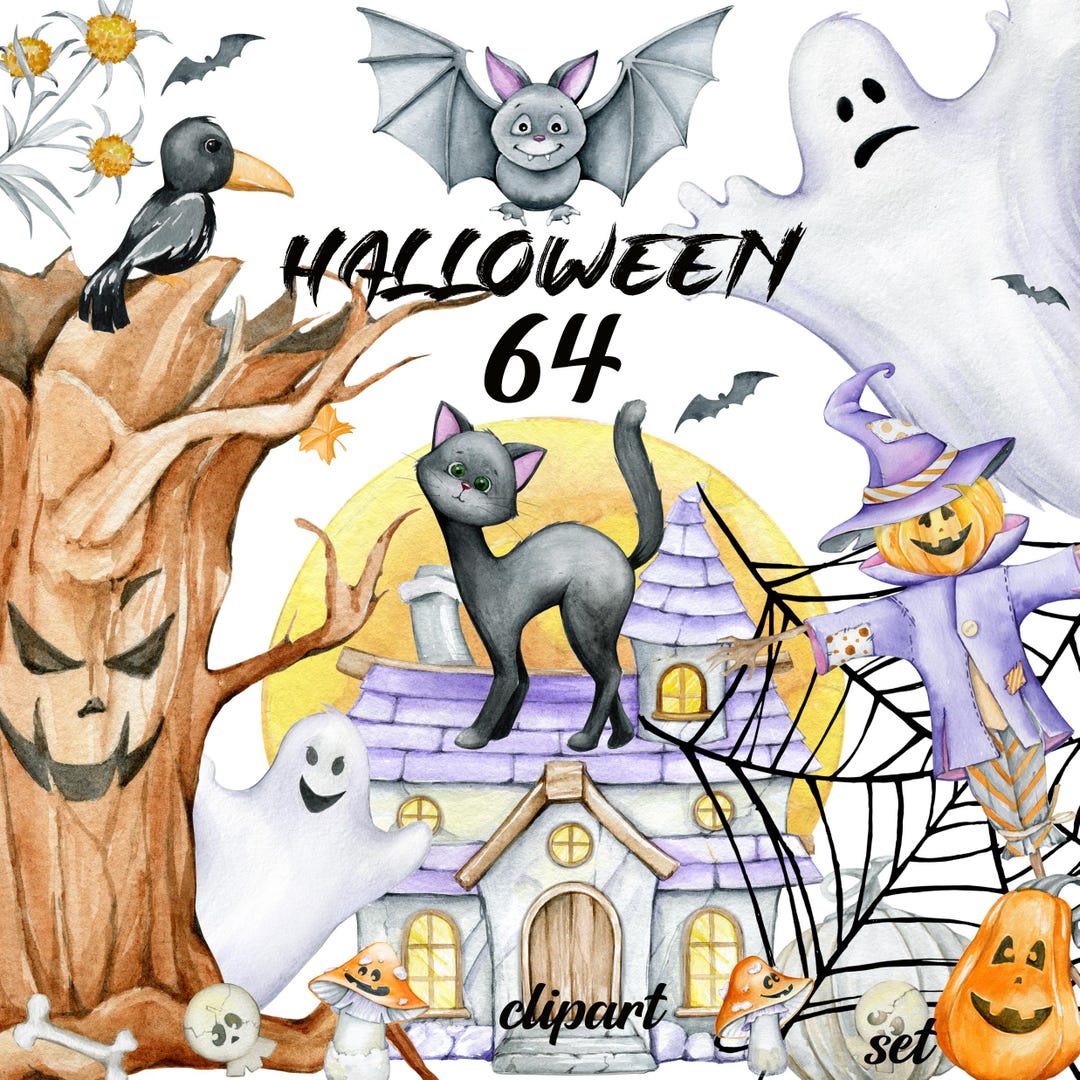 Halloween Clip Art Watercolor Fall Decor Set Clipart Happy Ghost Cat ...
