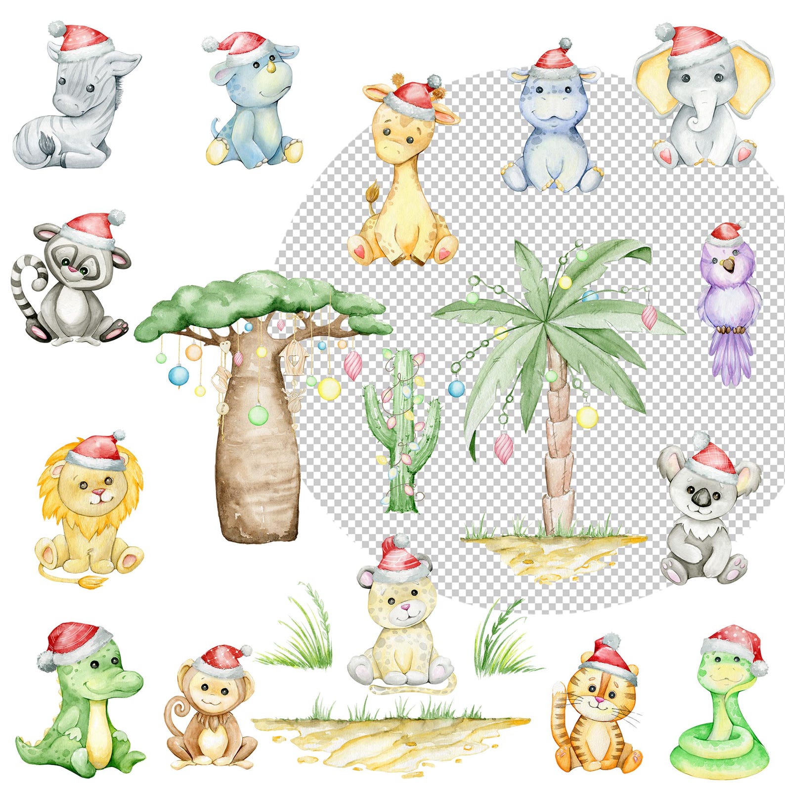 Christmas Animals Clipart, Nursery Art, Africa Animals Png, Watercolor ...