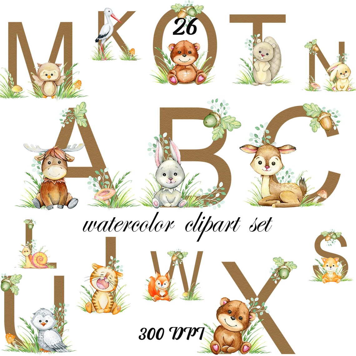 Woodland Pink Alphabet Watercolor Clipart, Animal Letter Clipart, Cute ...