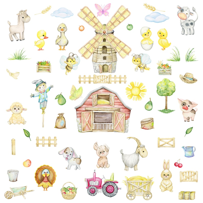 Farm Animals Watercolor Clipart, Cute Farm Clip Art, Nursery Decor ...