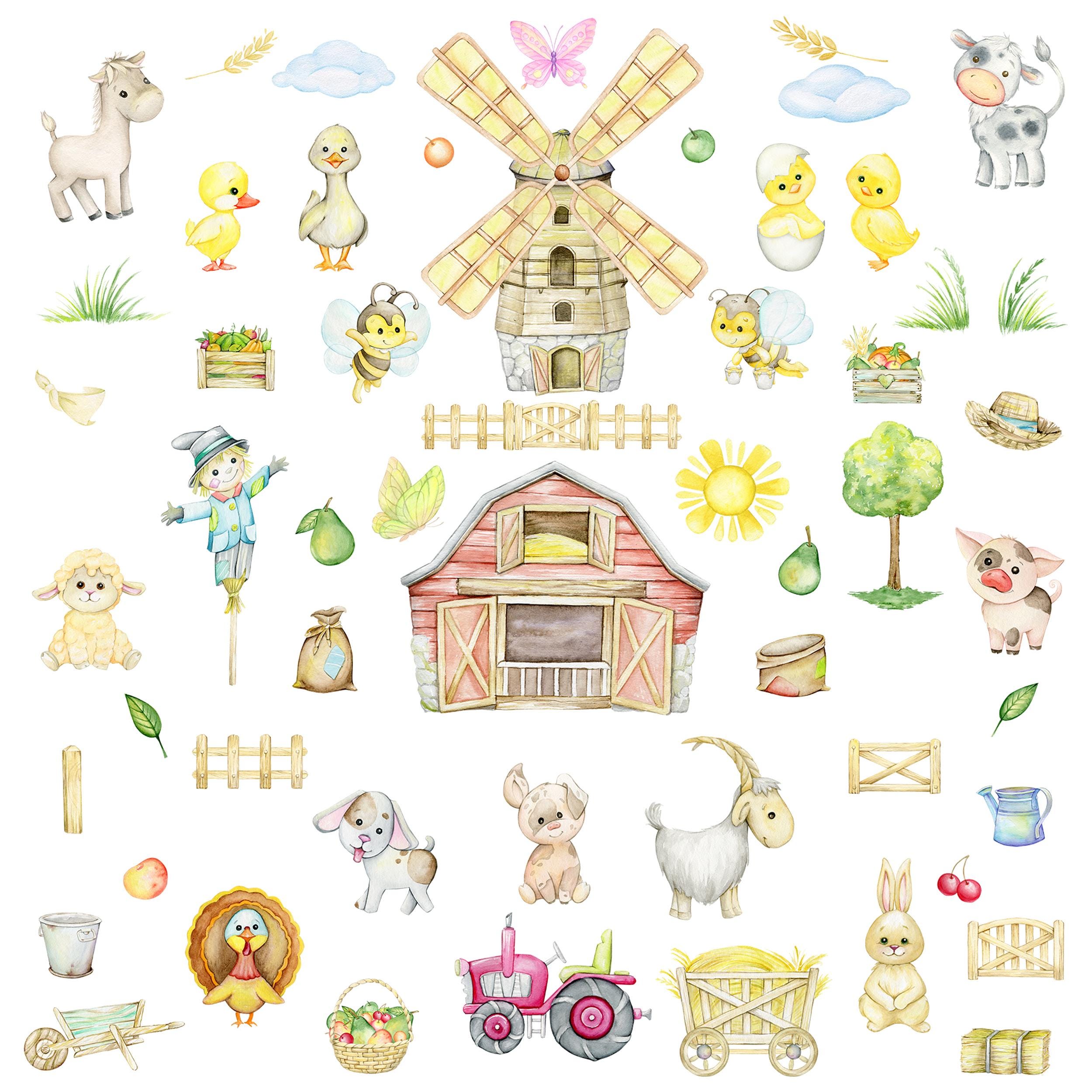 Farm Animals Watercolor Clipart, Cute Farm Clip Art, Nursery Decor ...
