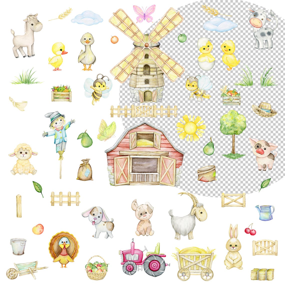 Farm Animals Watercolor Clipart, Cute Farm Clip Art, Nursery Decor ...