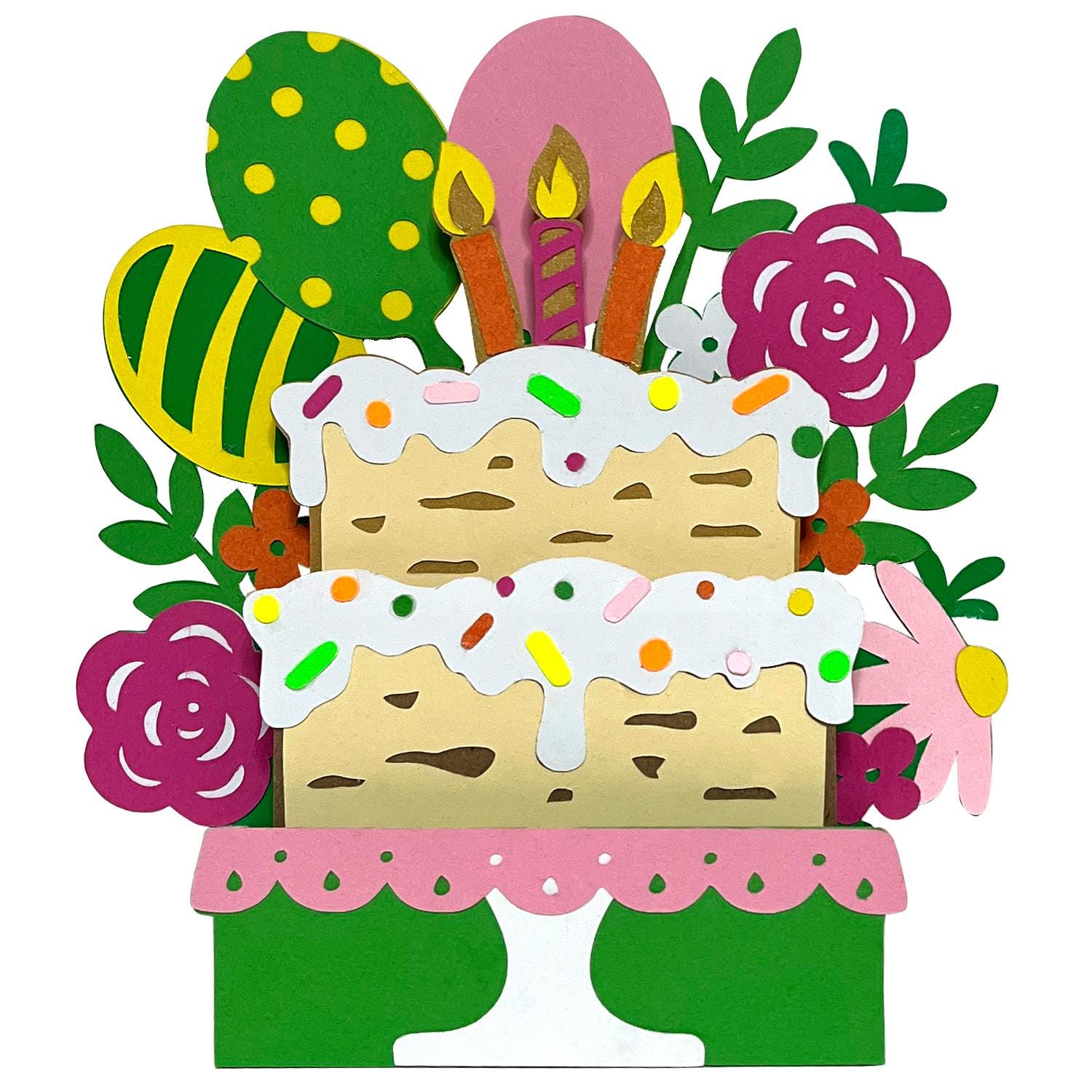 Birthday Cake Box Card Template Flowers Balloons Candles 3D Papercut ...