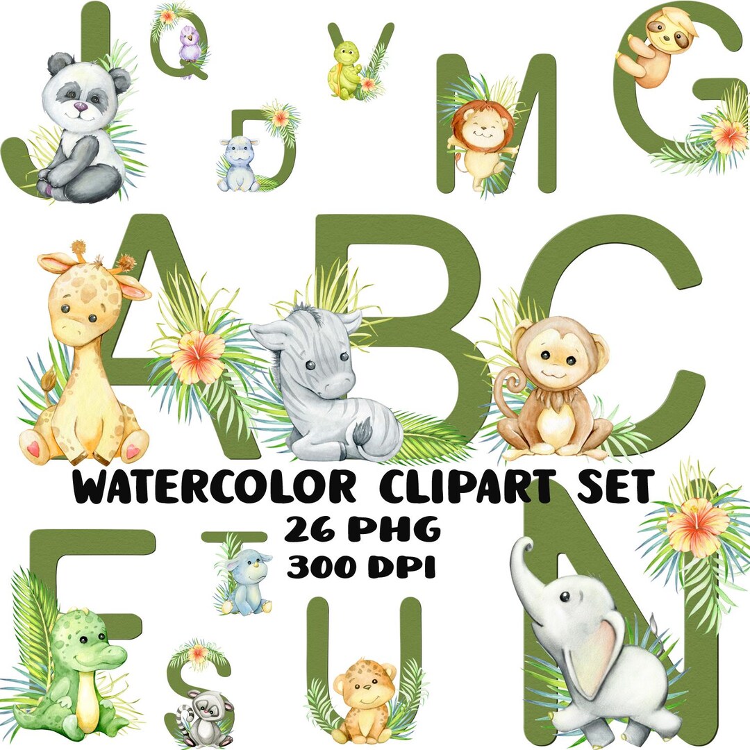 Safari Nursery Wall Art, Baby Animal Alphabet Print Set, Watercolor ...