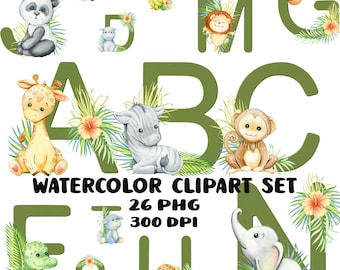 Safari Watercolor Alphabet Clipart, Nursery Decor, Baby Girl Boy ...