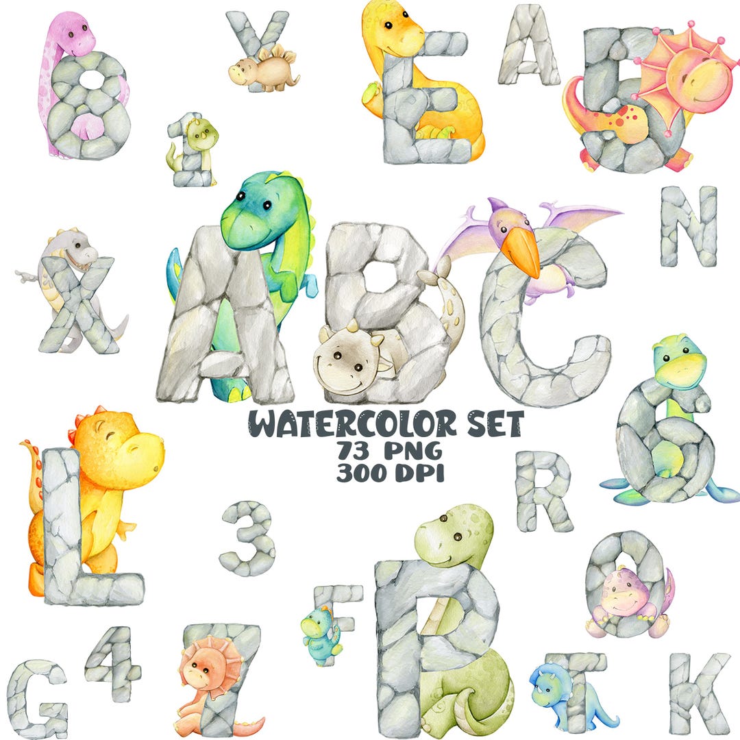 Cute Dinosaurs Watercolor Letters Dino Alphabet Numbers Clipart Animal ...