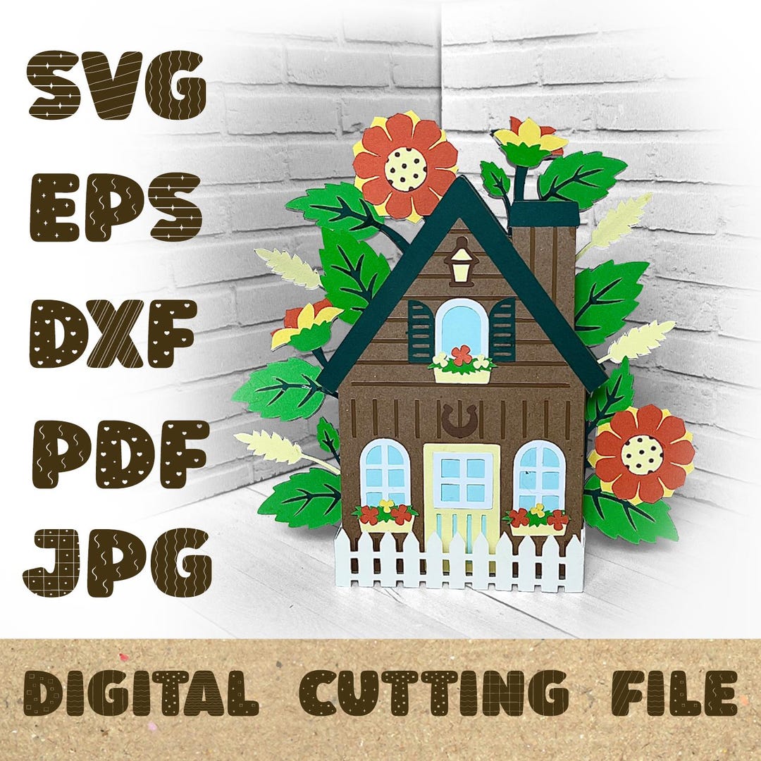 Flowers Cottage Box Card Template 3D Papercut SVGA Card Cut File Cricut ...
