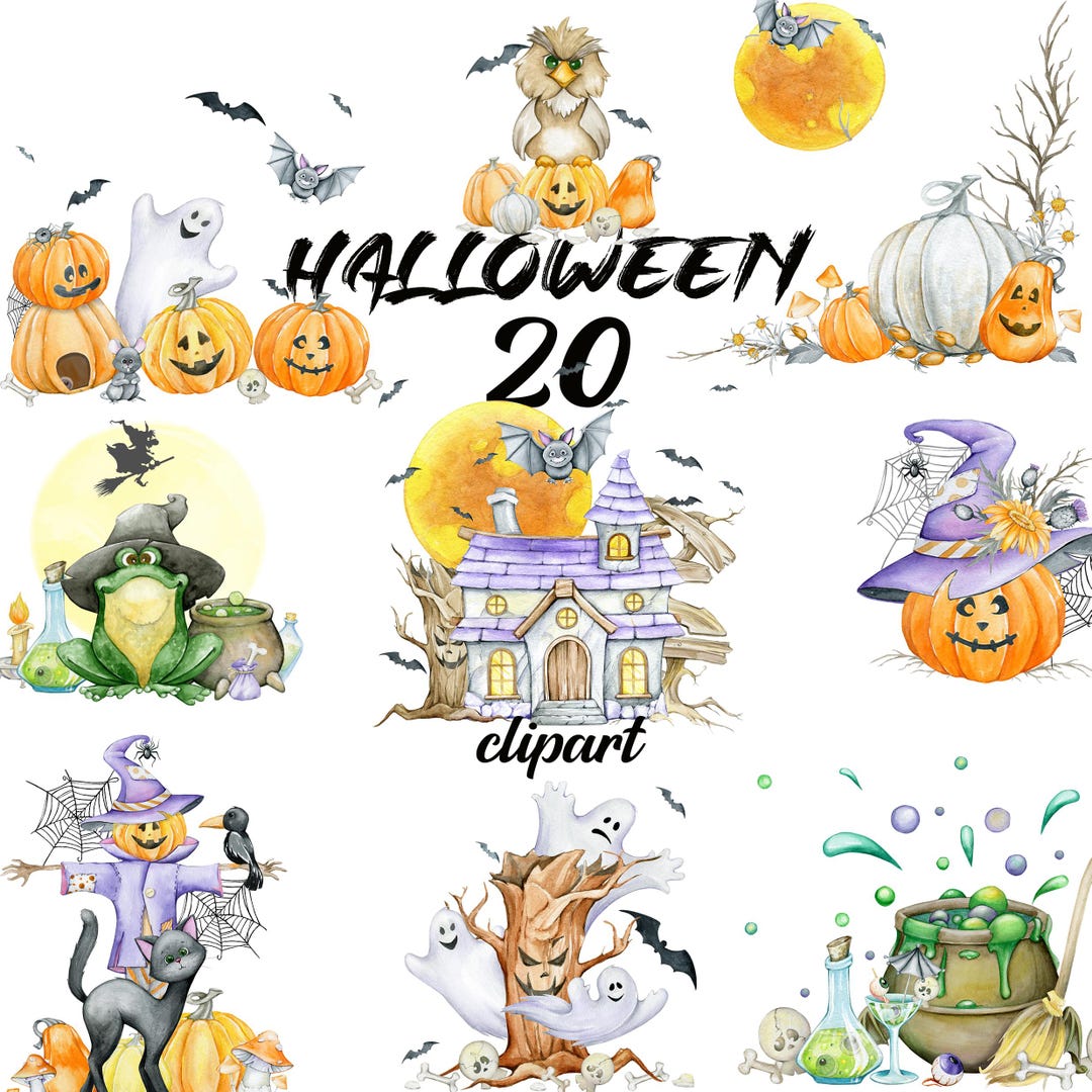 Halloween Clipart. Cute Ghost Clip Art. Watercolor Bundle Sublimation ...