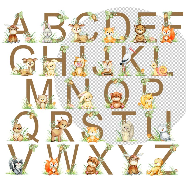 Woodland Pink Alphabet Watercolor Clipart, Animal Letter Clipart, Cute ...
