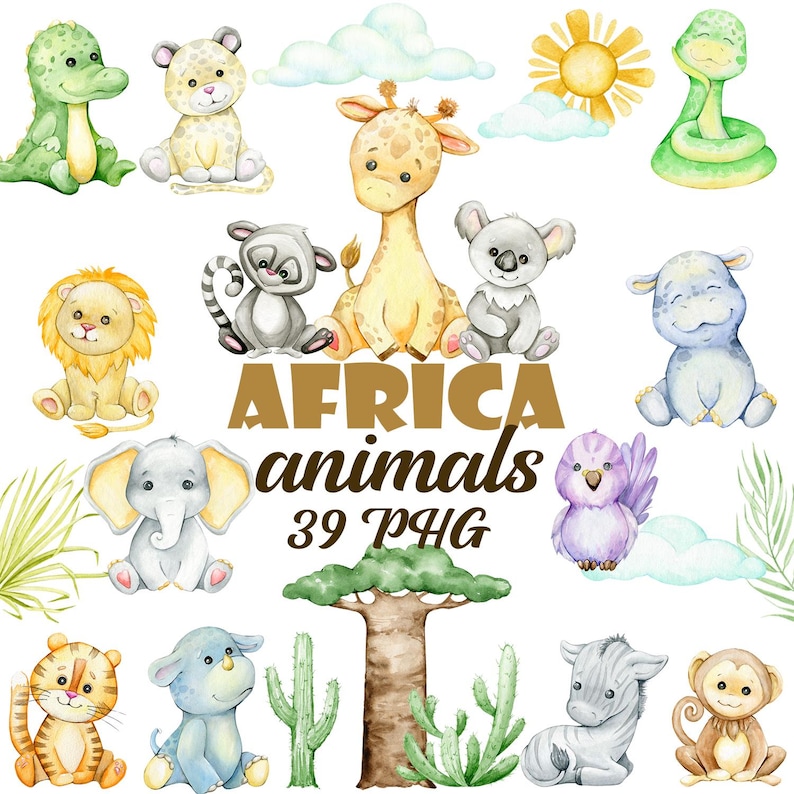 Africa Animal Watercolor Clipart and Jungle Image Element. giraffe ...